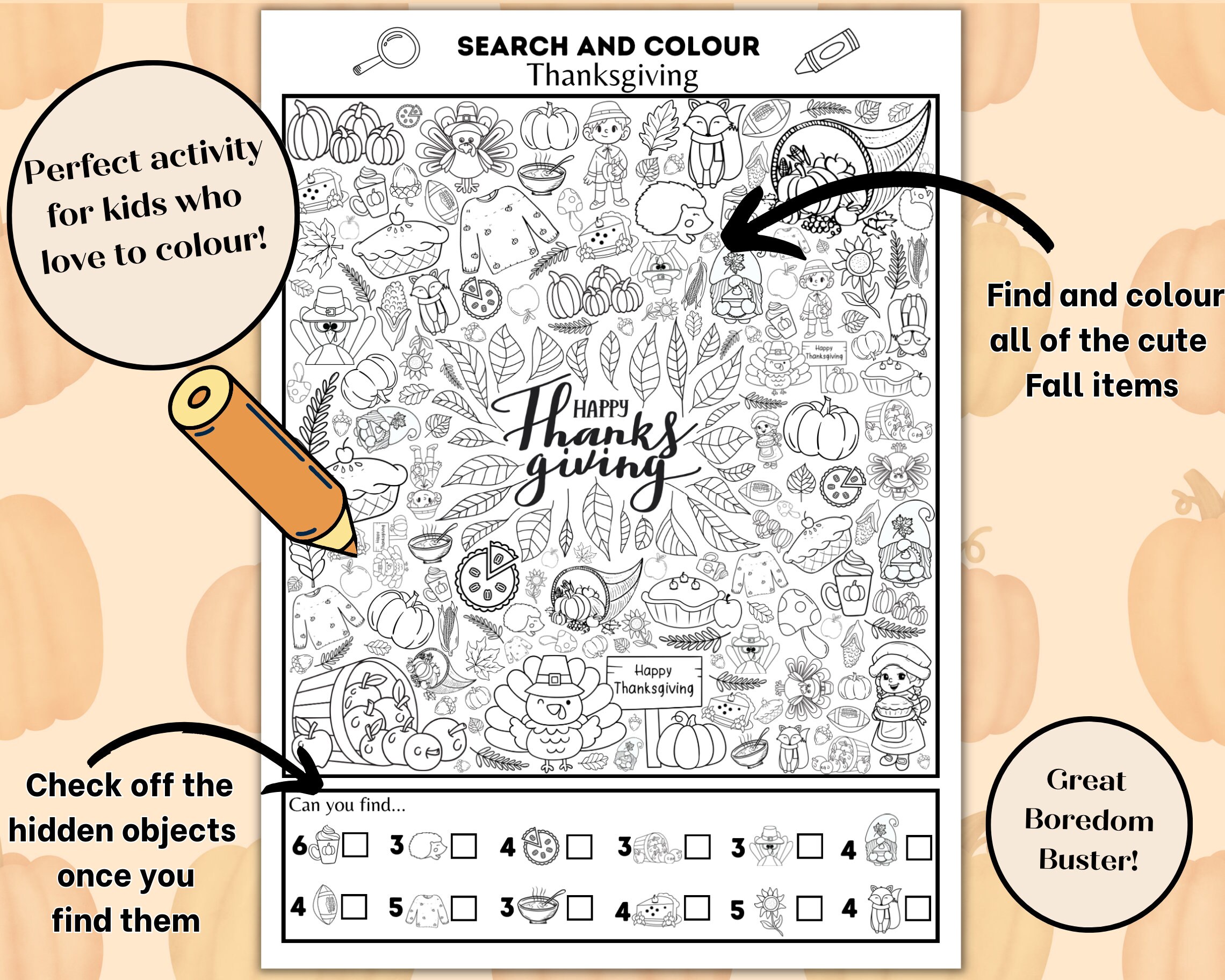 Thanksgiving Search and Colour Printable, Fall Colouring Page, I Spy ...