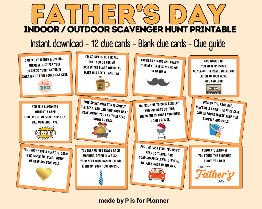 Father’s Day Scavenger Hunt Clues, Indoor Outdoor Treasure Hunt for Dad ...