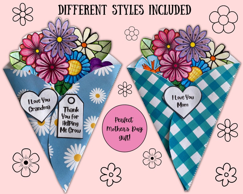Mother’s Day Bouquet Card, Printable Coloring Card, Paper Craft ...