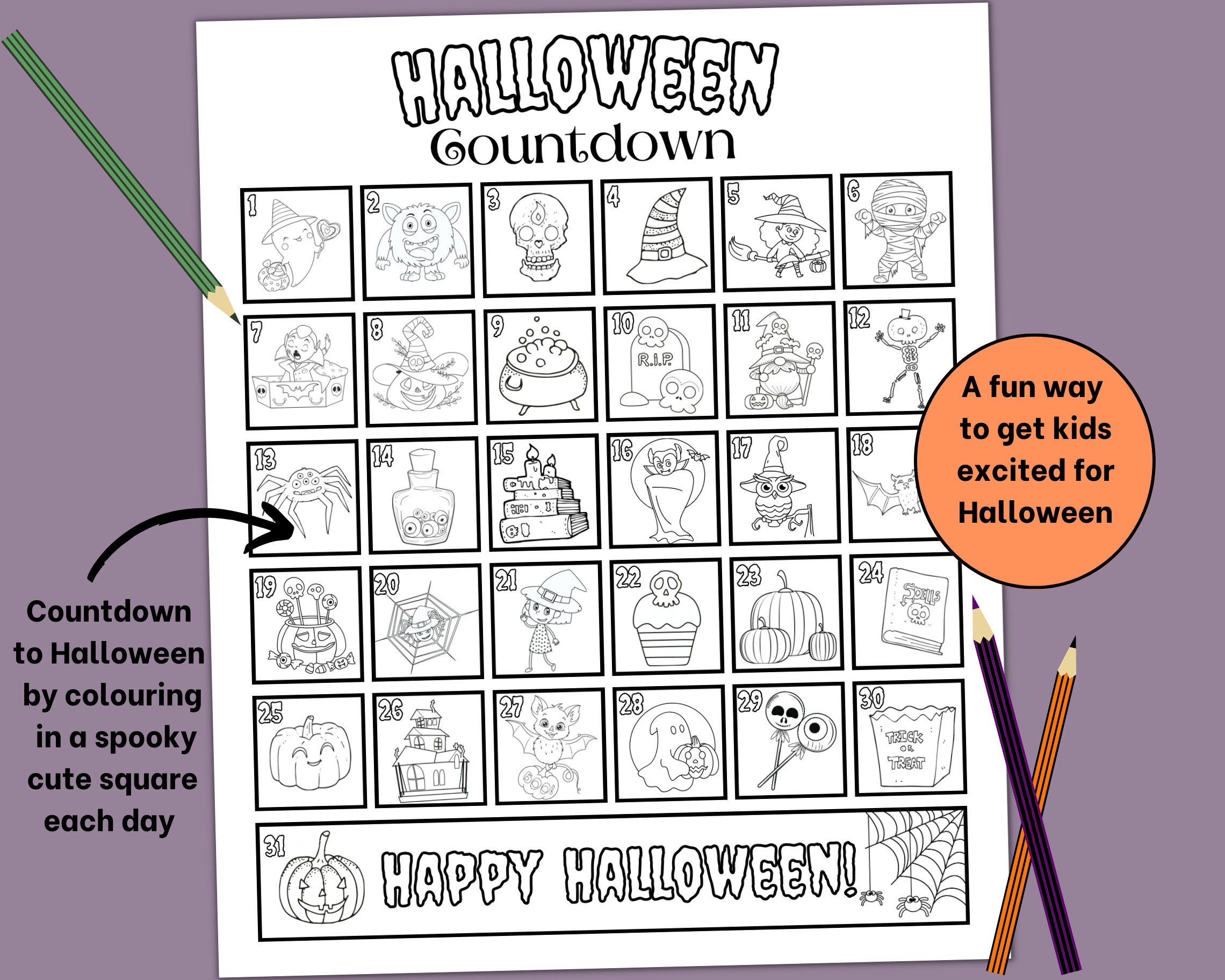 Halloween Countdown Coloring Page, Halloween Printable Advent Calendar ...