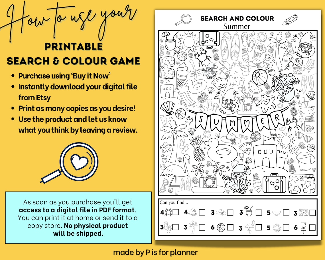 Summer Search and Color Printable, Beach Day Coloring Page, I Spy ...