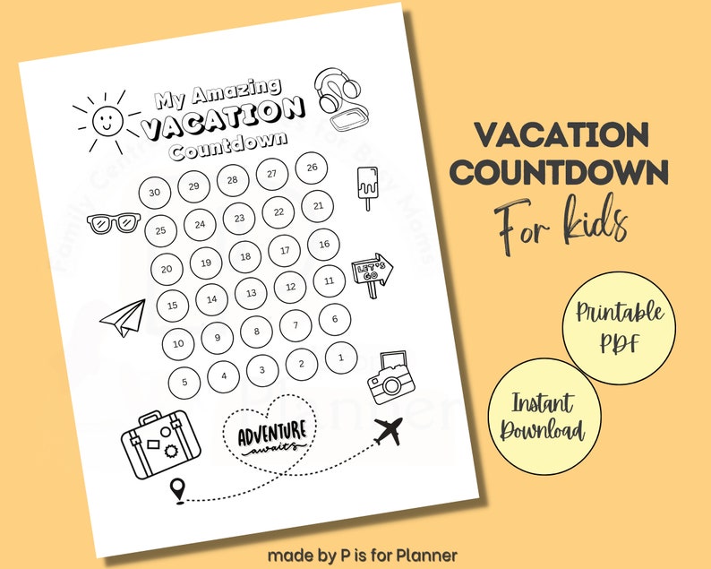 Kids Vacation Countdown Calendar, Printable Vacation Countdown Tracker ...