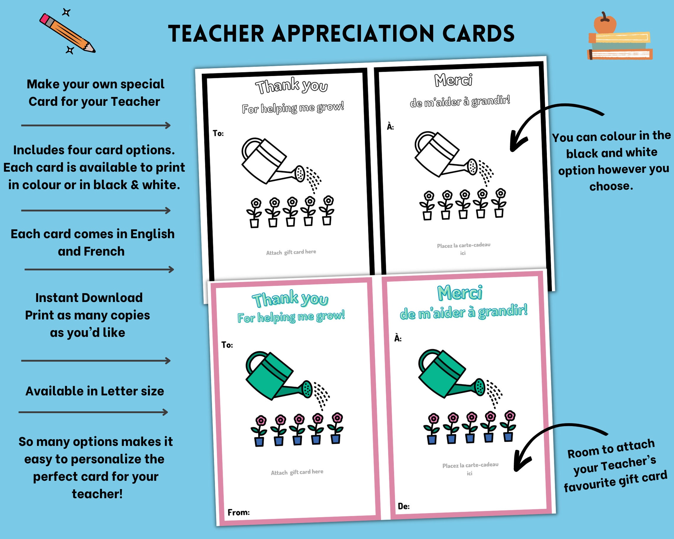 Thank You Teacher Card in English and French, Year End Teacher Gift ...