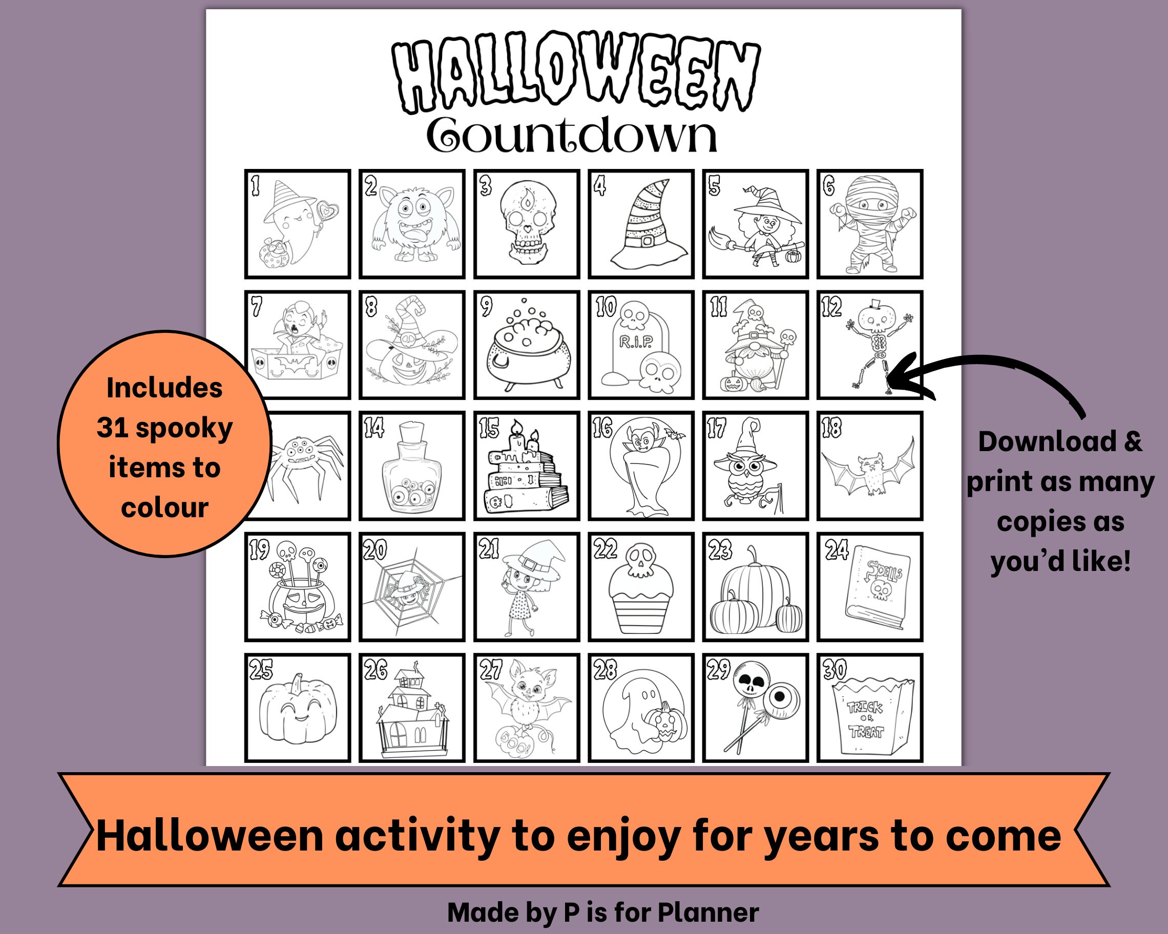 Halloween Countdown Coloring Page, Halloween Printable Advent Calendar ...