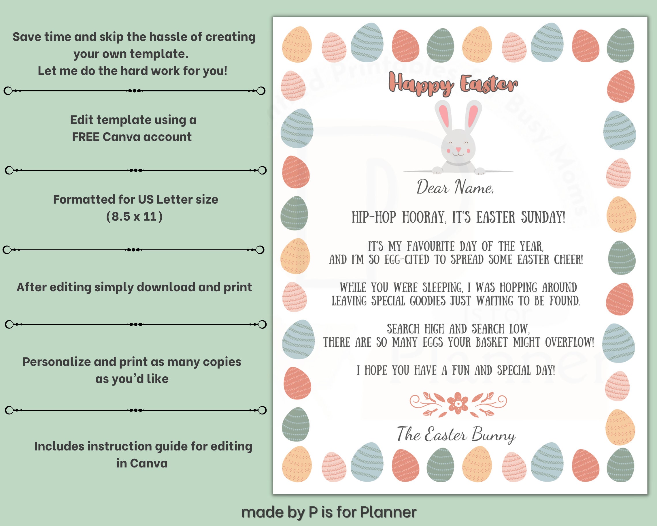 Editable Easter Bunny Letter Template Printable, Easter Basket Note ...