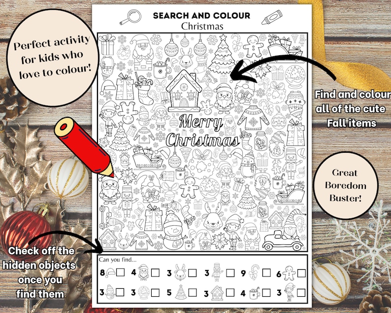 Christmas Search and Colour Printable Game, Christmas Colouring Page, I ...