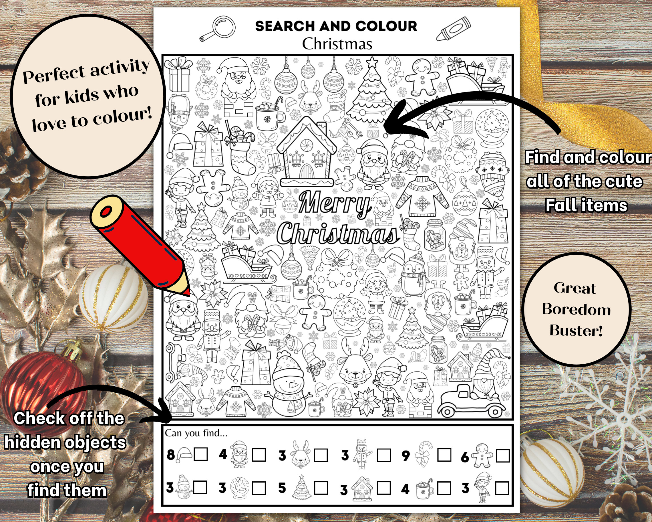 Christmas Search and Colour Printable Game, Christmas Colouring Page, I ...