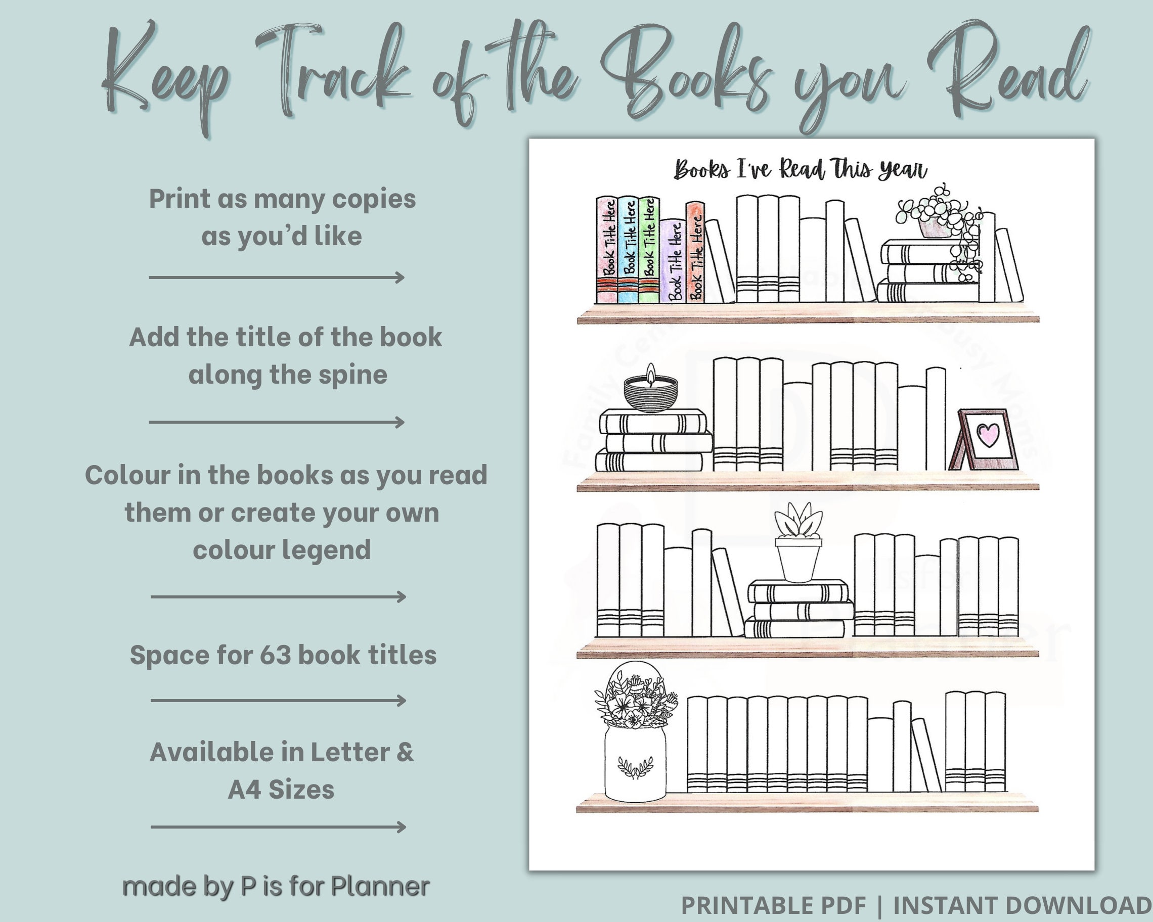 Book Tracker Printable Bookshelf Reading Log Planner Insert Plant Theme ...