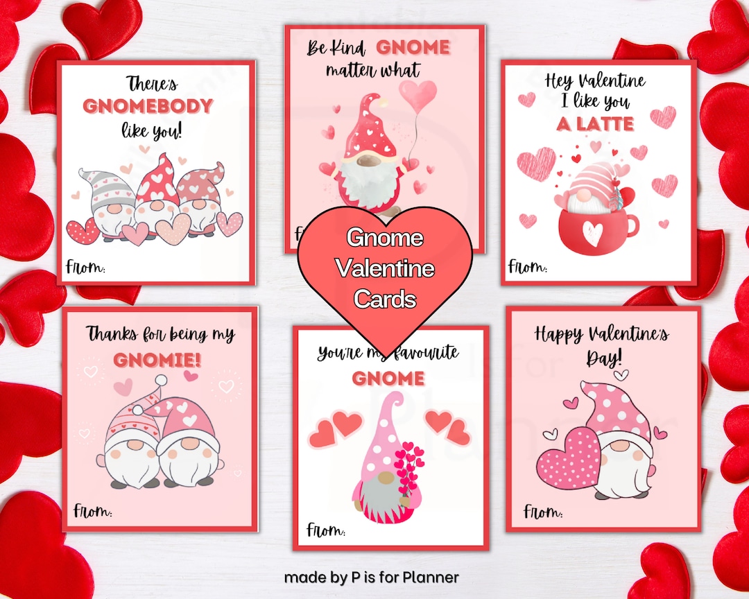 Gnome Valentines Cards, Printable Valentines, Classroom Valentines ...