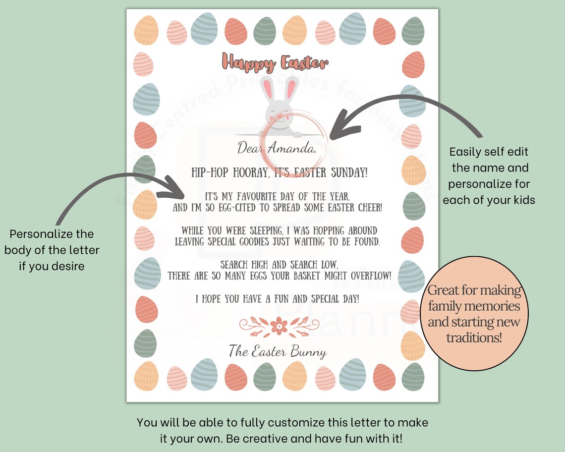 Editable Easter Bunny Letter Template Printable, Easter Basket Note ...
