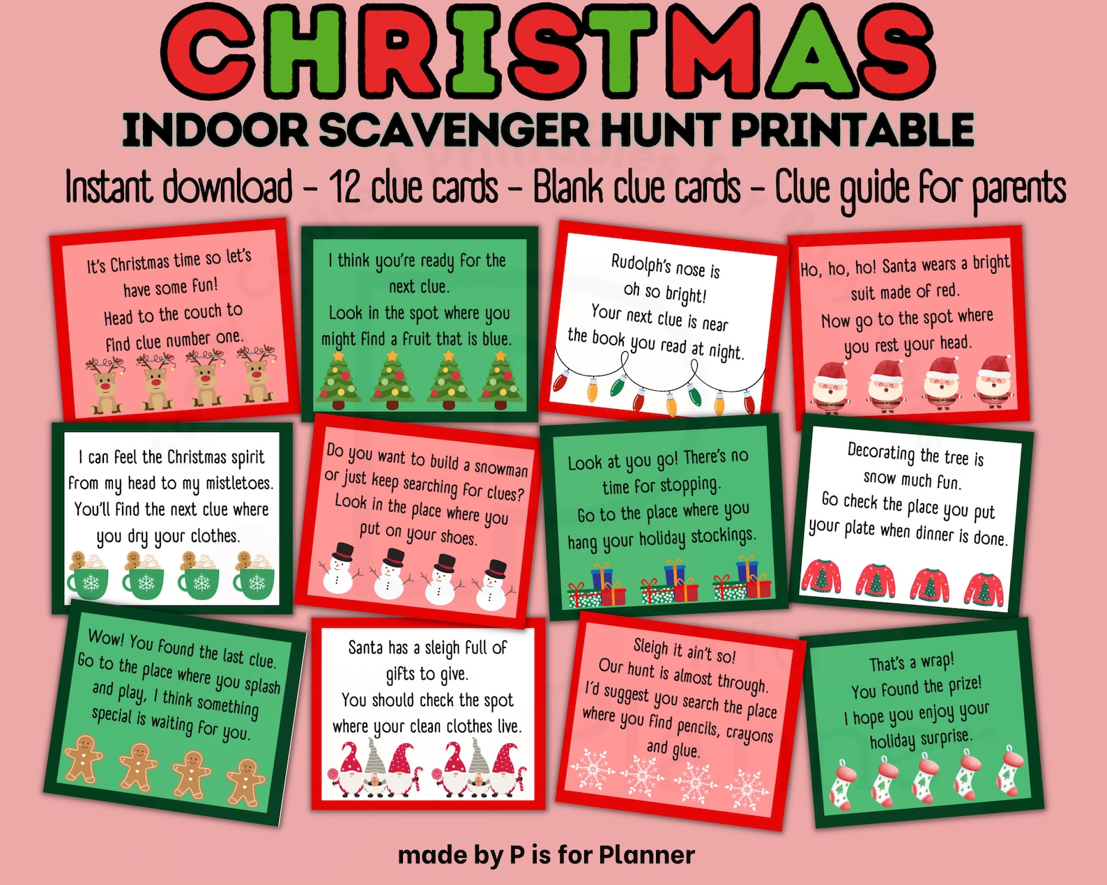Christmas Scavenger Hunt for Kids, Indoor Holiday Treasure Hunt Clues ...