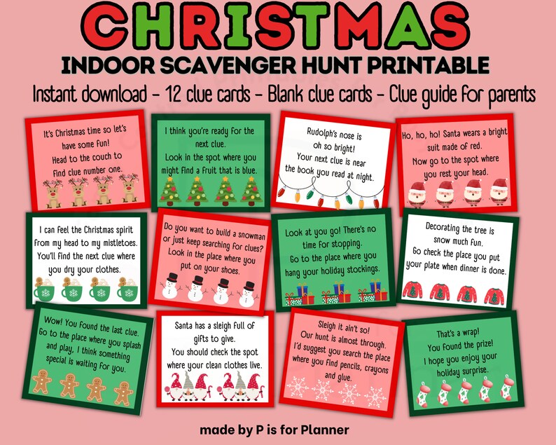 Christmas Scavenger Hunt for Kids, Indoor Holiday Treasure Hunt Clues ...