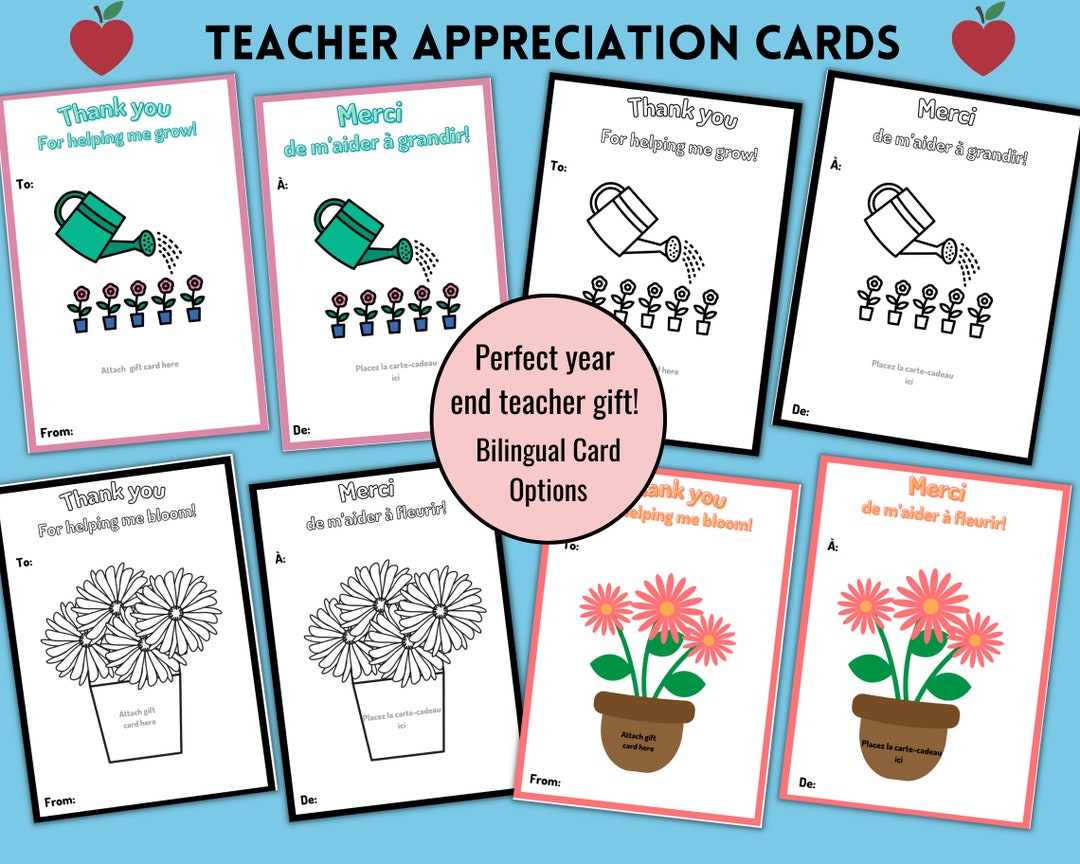 Thank You Teacher Card in English and French, Year End Teacher Gift ...