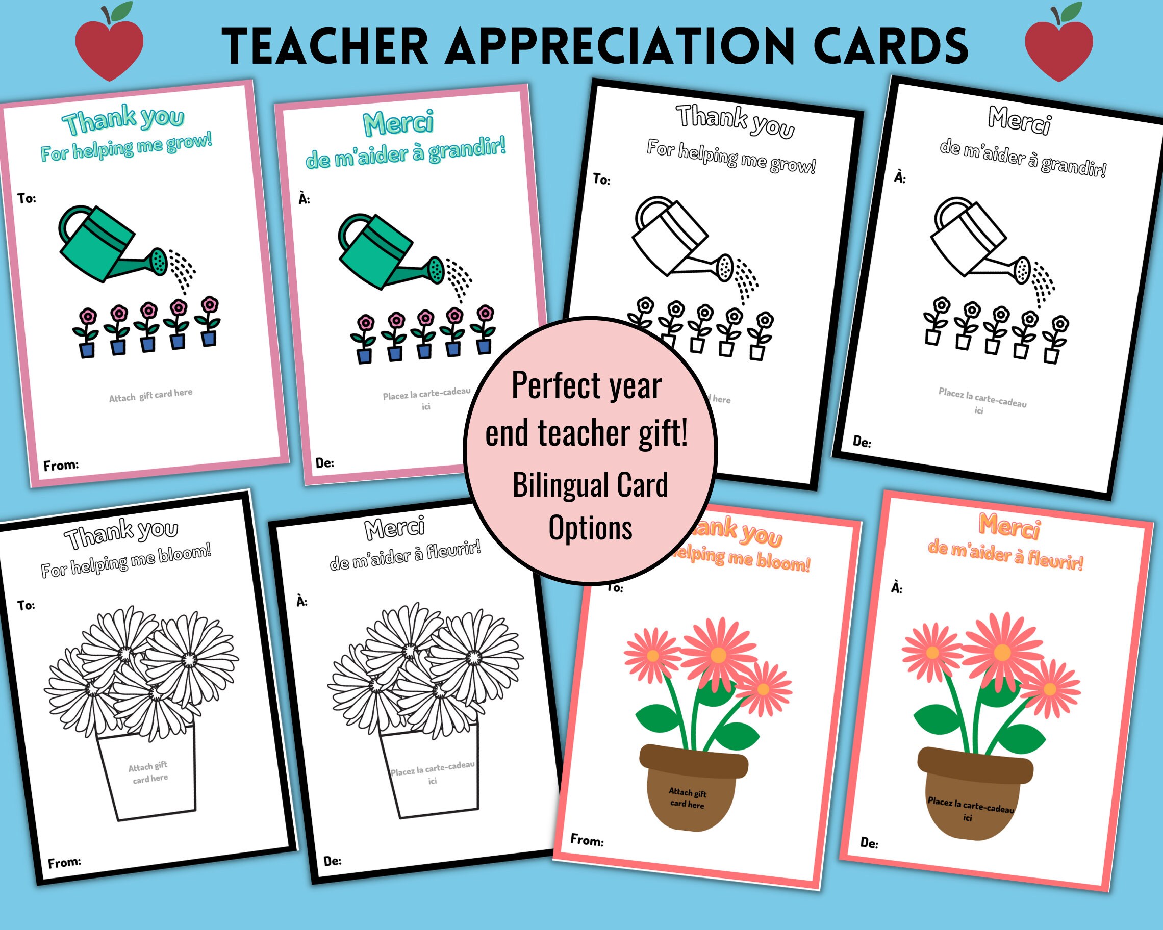 Thank You Teacher Card in English and French, Year End Teacher Gift ...