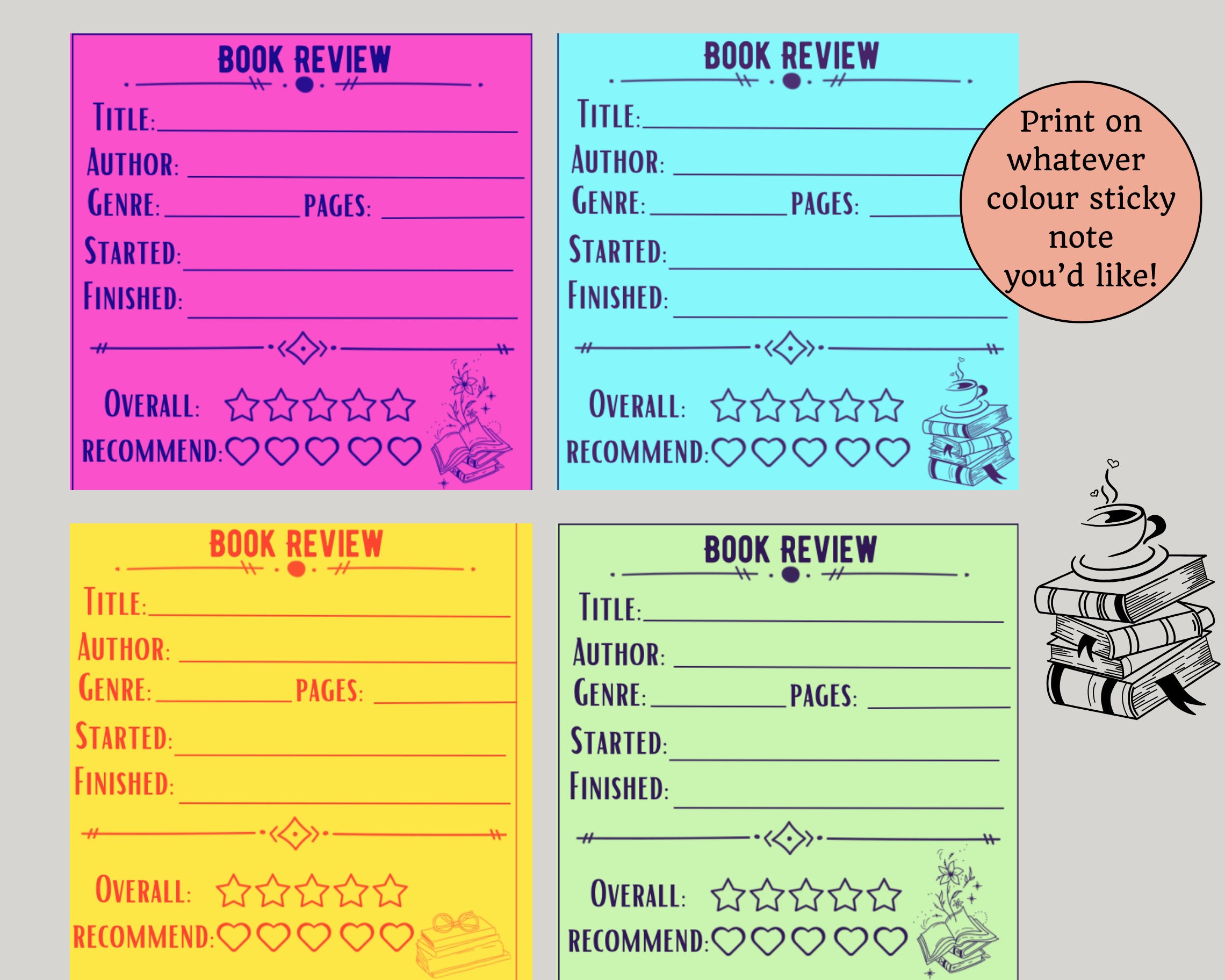 Book Review Sticky Notes, Book Rating Card, Reading Journal, Books Read ...