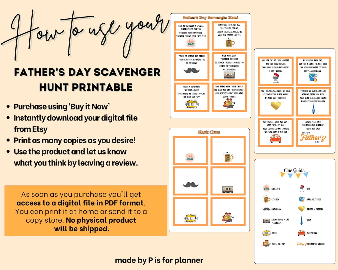 Father’s Day Scavenger Hunt Clues, Indoor Outdoor Treasure Hunt for Dad ...