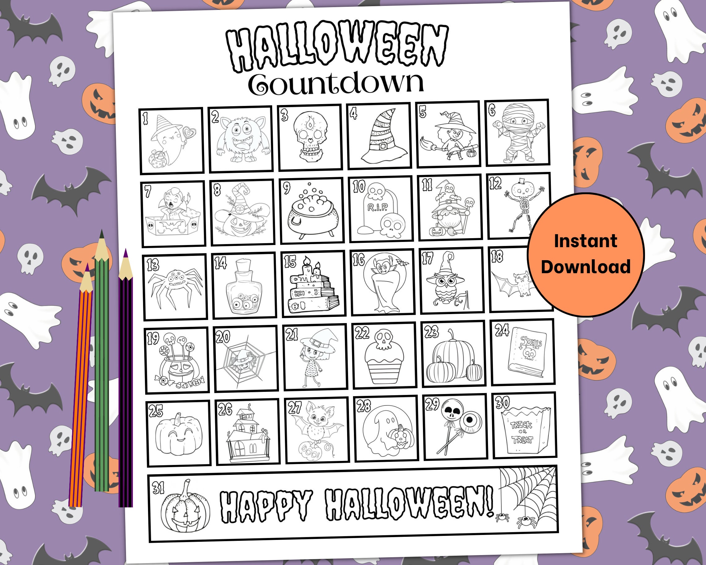 Halloween Countdown Coloring Page, Halloween Printable Advent Calendar ...