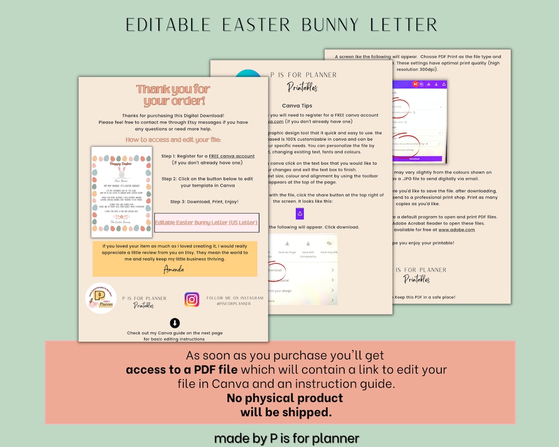 Editable Easter Bunny Letter Template Printable, Easter Basket Note ...