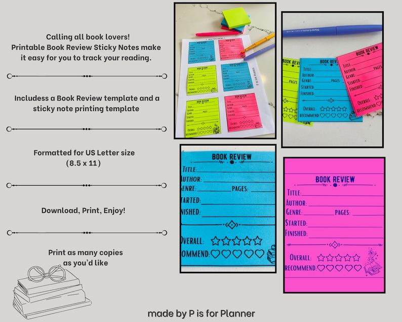 Book Review Sticky Notes, Printable Sticky Note Template, Book Review ...