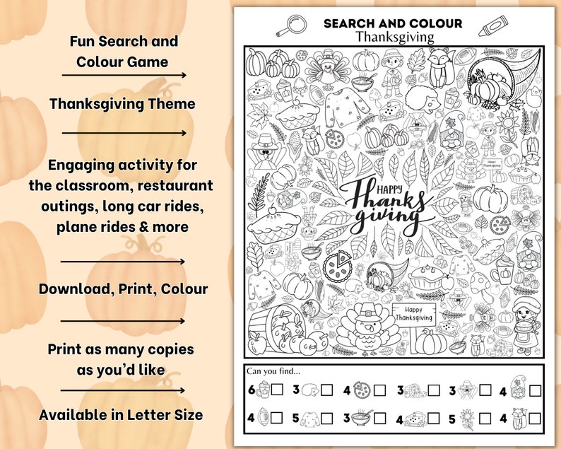 Thanksgiving Search and Colour Printable, Fall Colouring Page, I Spy ...