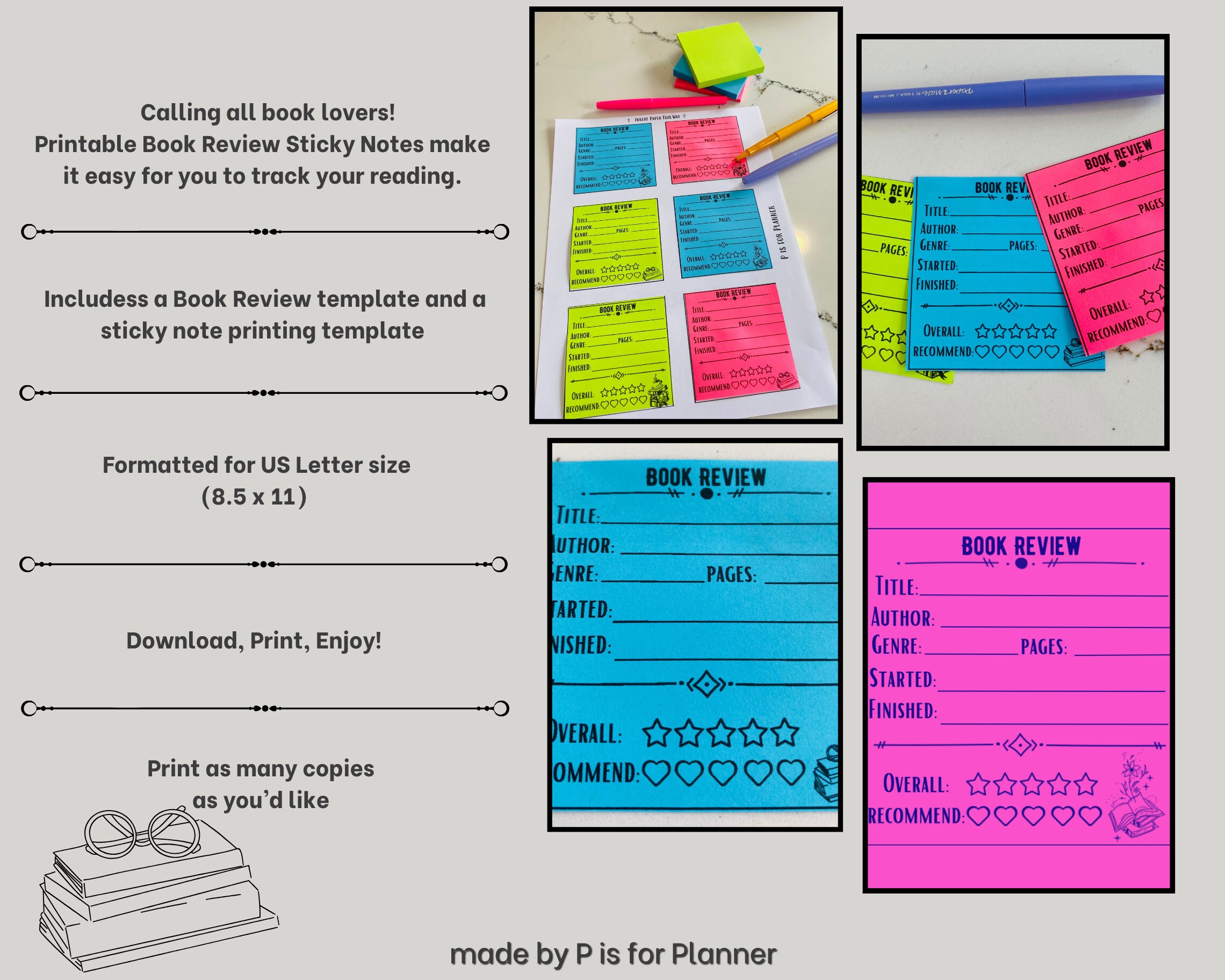Book Review Sticky Notes, Book Rating Card, Reading Journal, Books Read ...