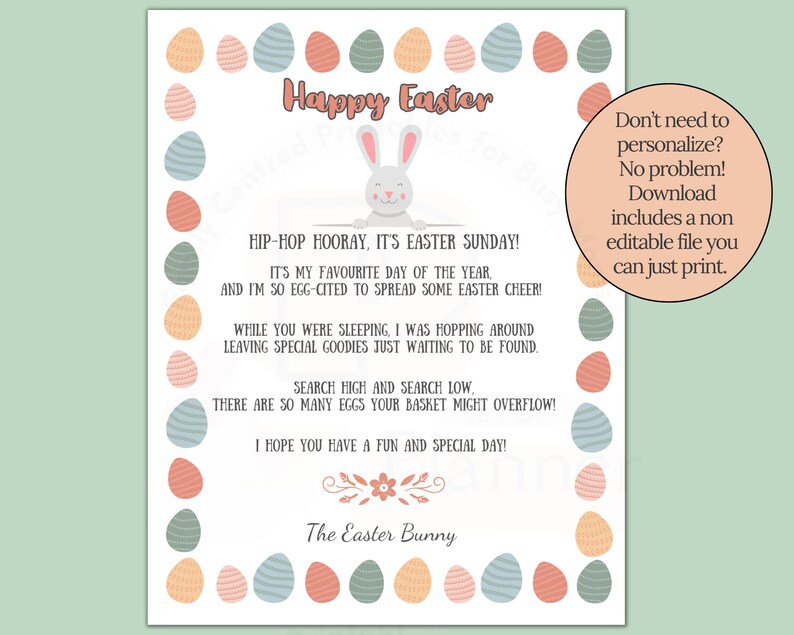 Editable Easter Bunny Letter Template Printable, Easter Basket Note ...
