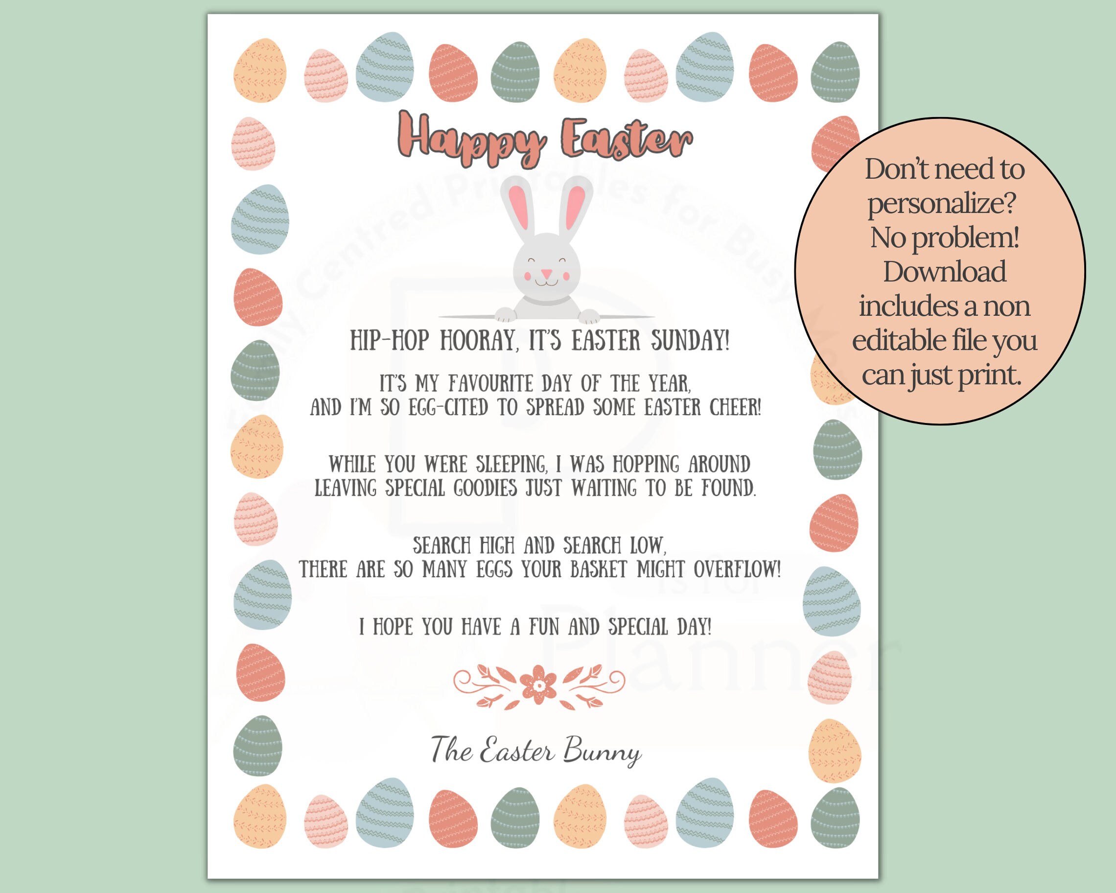 Editable Easter Bunny Letter Template Printable, Easter Basket Note ...