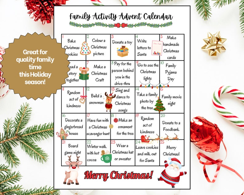 Christmas Countdown Calendar of Fun Family Activities, Printable Family ...