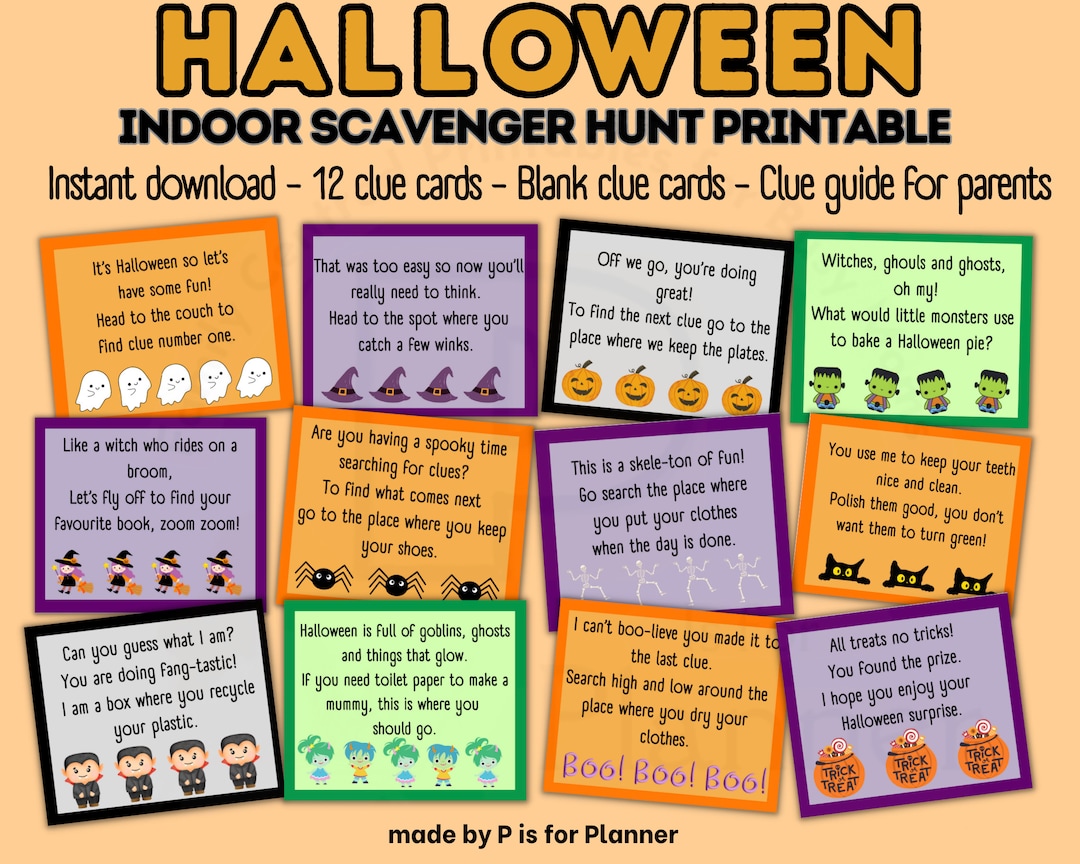 Halloween Scavenger Hunt for Kids, Indoor Halloween Treasure Hunt Clues ...