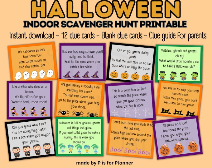 Halloween Scavenger Hunt for Kids, Indoor Halloween Treasure Hunt Clues ...