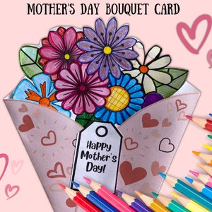Mother’s Day Bouquet Card, Printable Coloring Card, Paper Craft ...