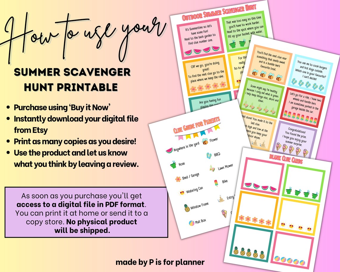 Summer Scavenger Hunt for Kids, Outdoor Summer Treasure Hunt Clues, Fun ...