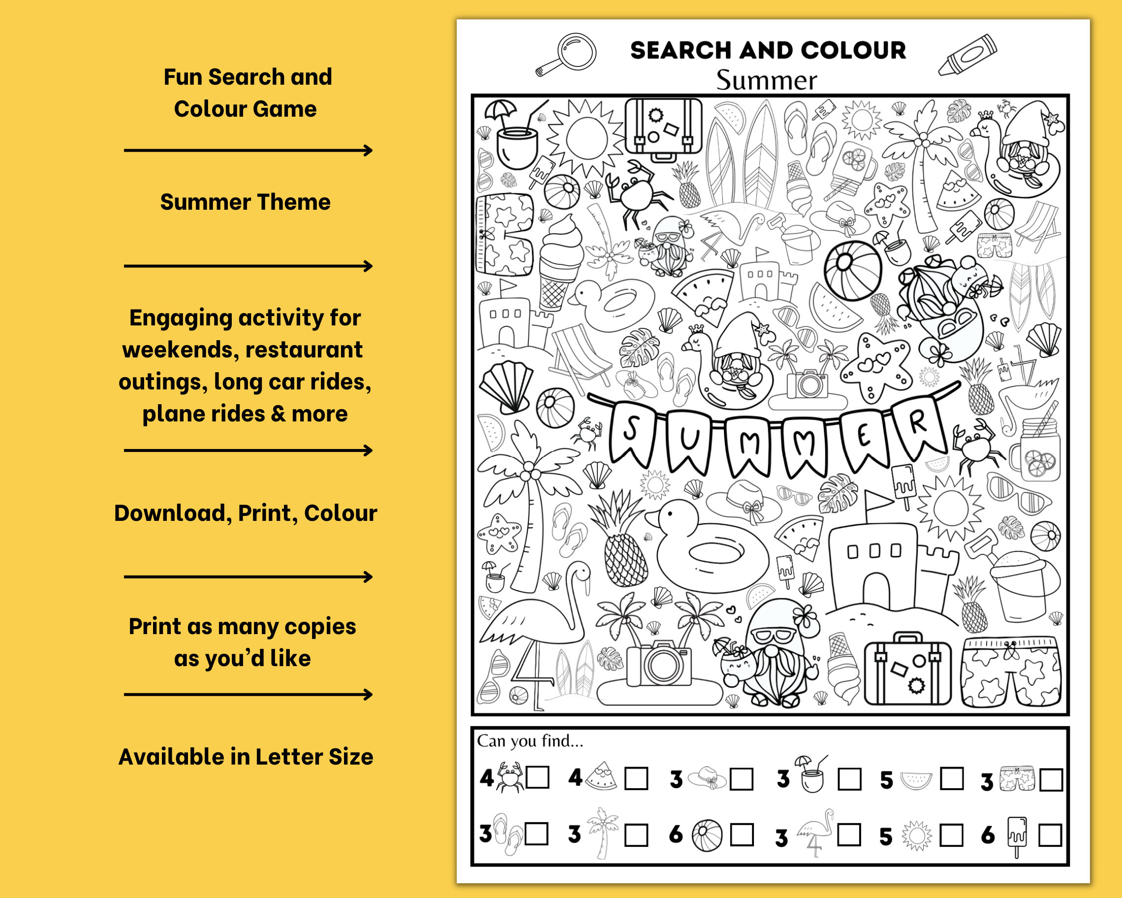 Summer Search and Color Printable, Beach Day Coloring Page, I Spy ...