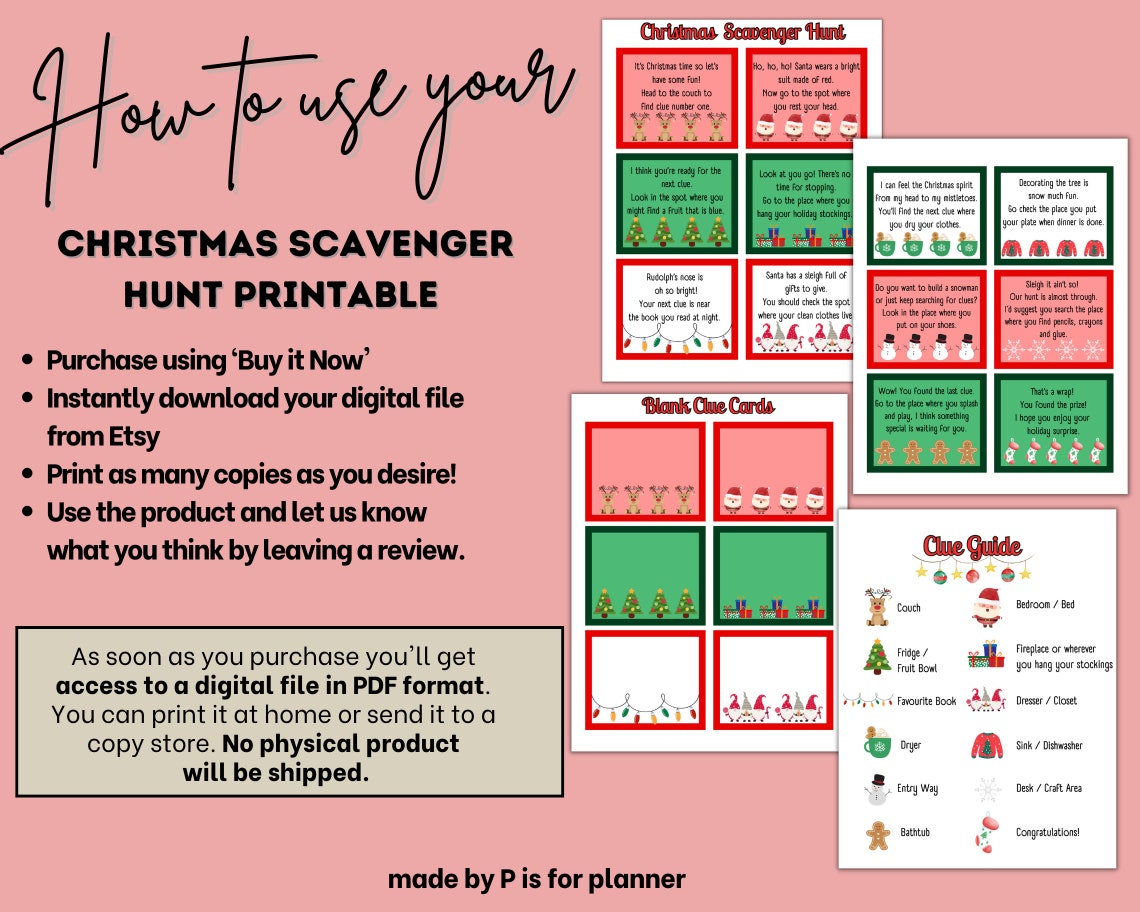 Christmas Scavenger Hunt for Kids, Indoor Holiday Treasure Hunt Clues ...