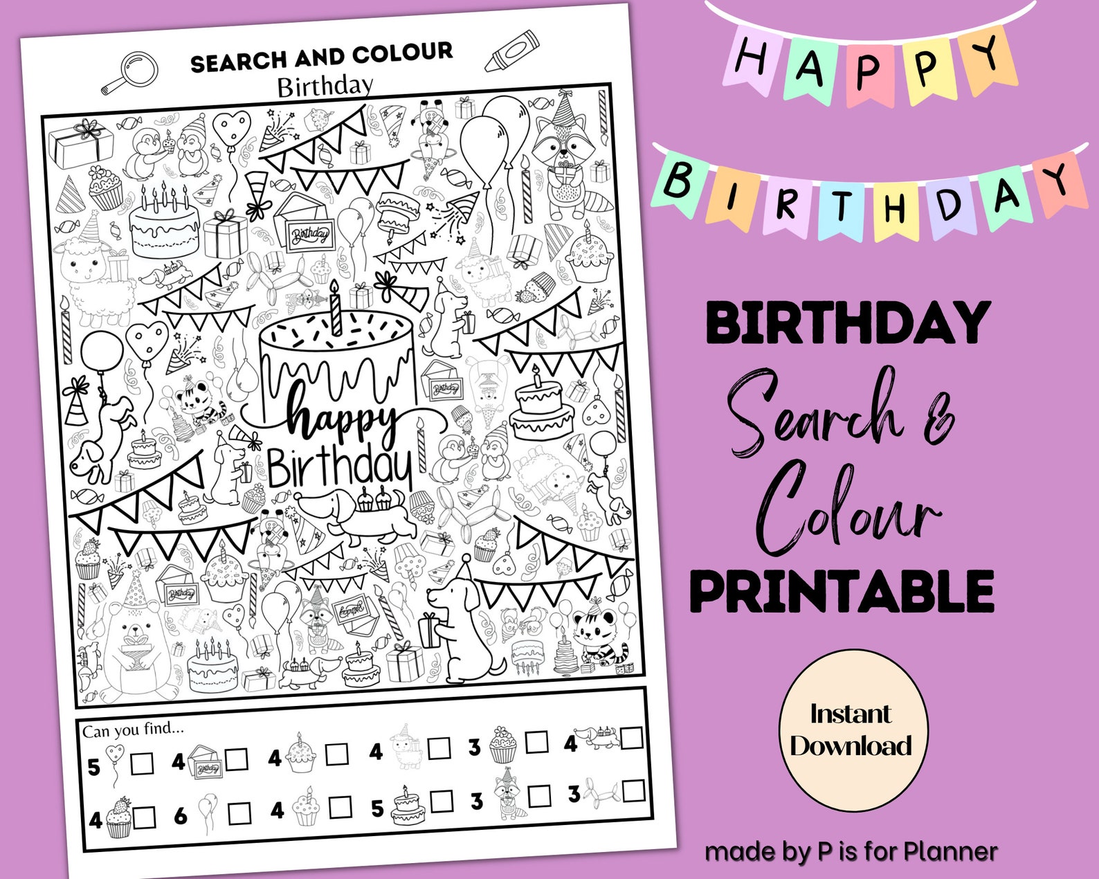 Birthday Search and Colour Printable, Birthday Party Coloring Page, I ...