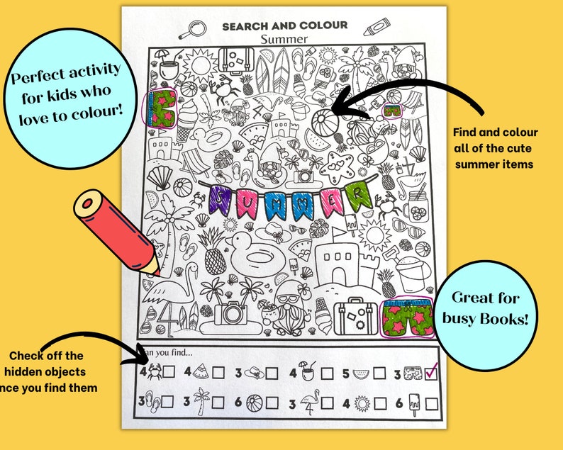 Summer Search and Color Printable, Beach Day Coloring Page, I Spy ...