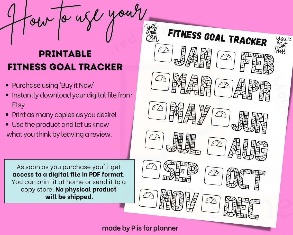 Printable Fitness Goal Tracker, Daily Workout Tracker, Monthly Weight ...