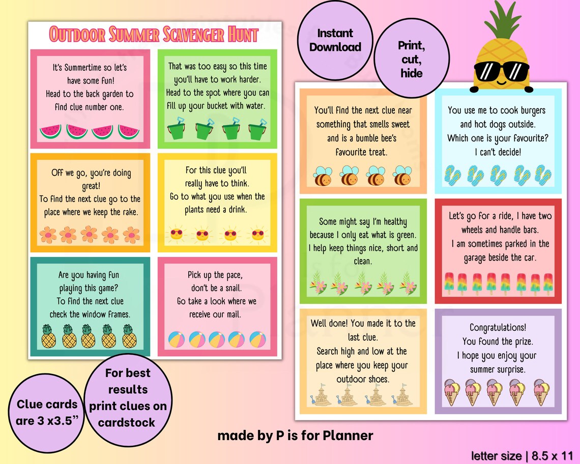 Summer Scavenger Hunt for Kids, Outdoor Summer Treasure Hunt Clues, Fun ...
