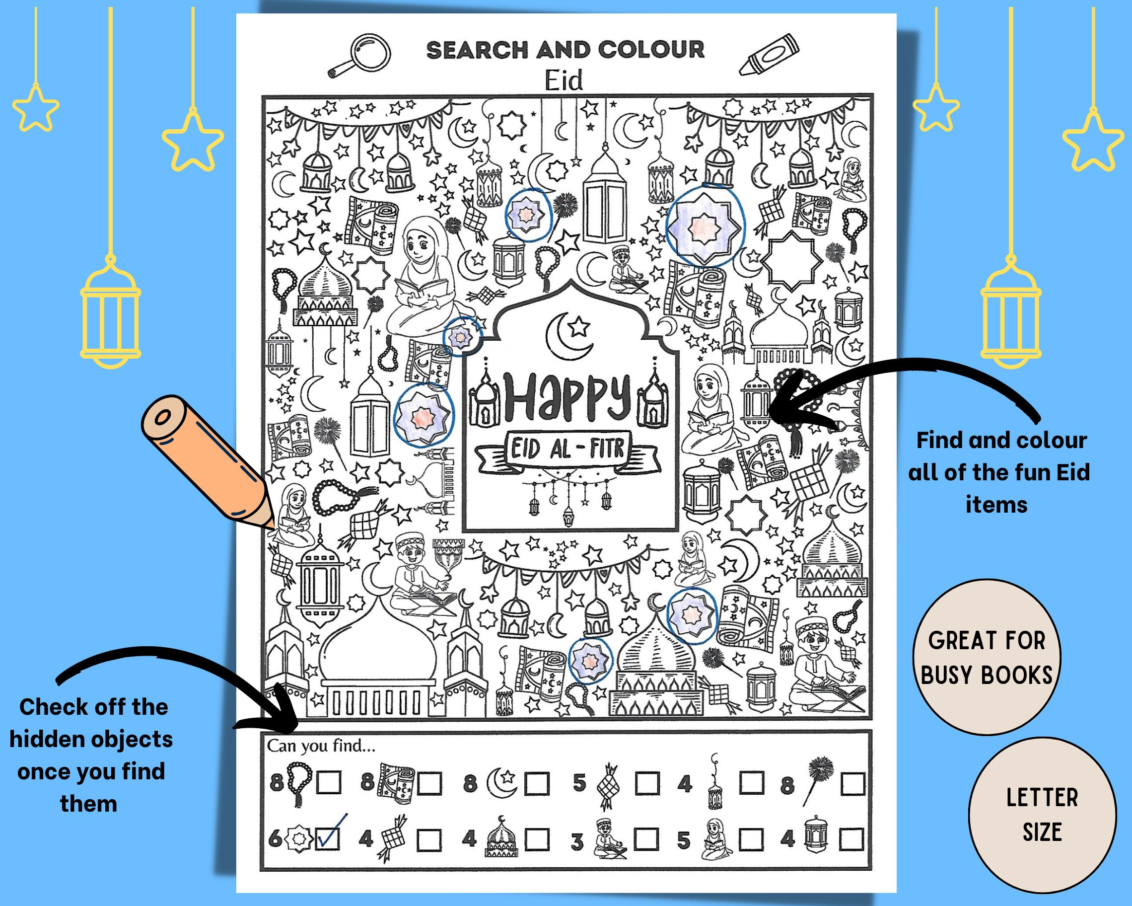 Eid Search and Colour Printable, Ramadan Colouring Page, I Spy Eid Game ...