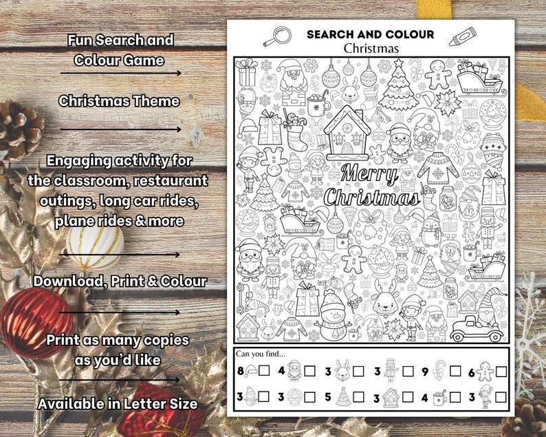 Christmas Search and Colour Printable Game, Christmas Colouring Page, I ...