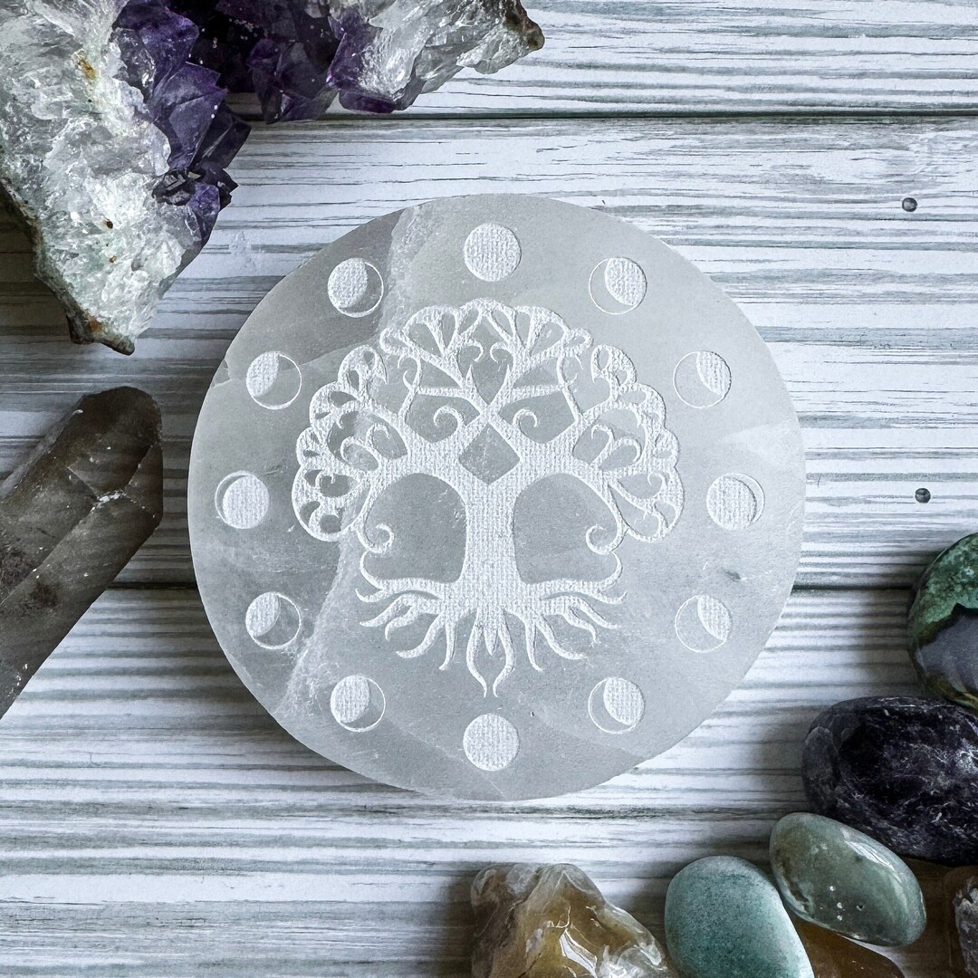 Tree of Life Selenite Charging Plate, Moon Phase Etched Crystal - Etsy