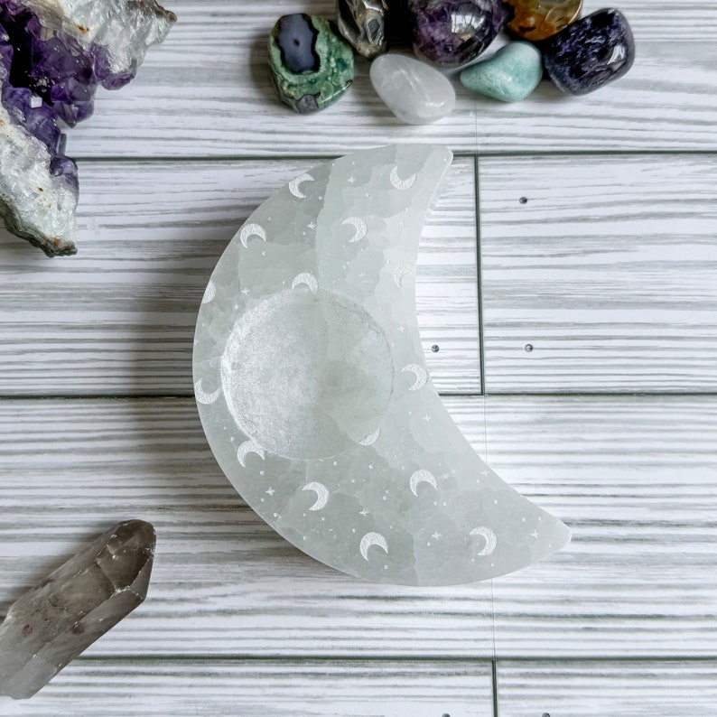 Etched Selenite Crescent Moon Tealight Holder, Celestial Boho Decor - Etsy