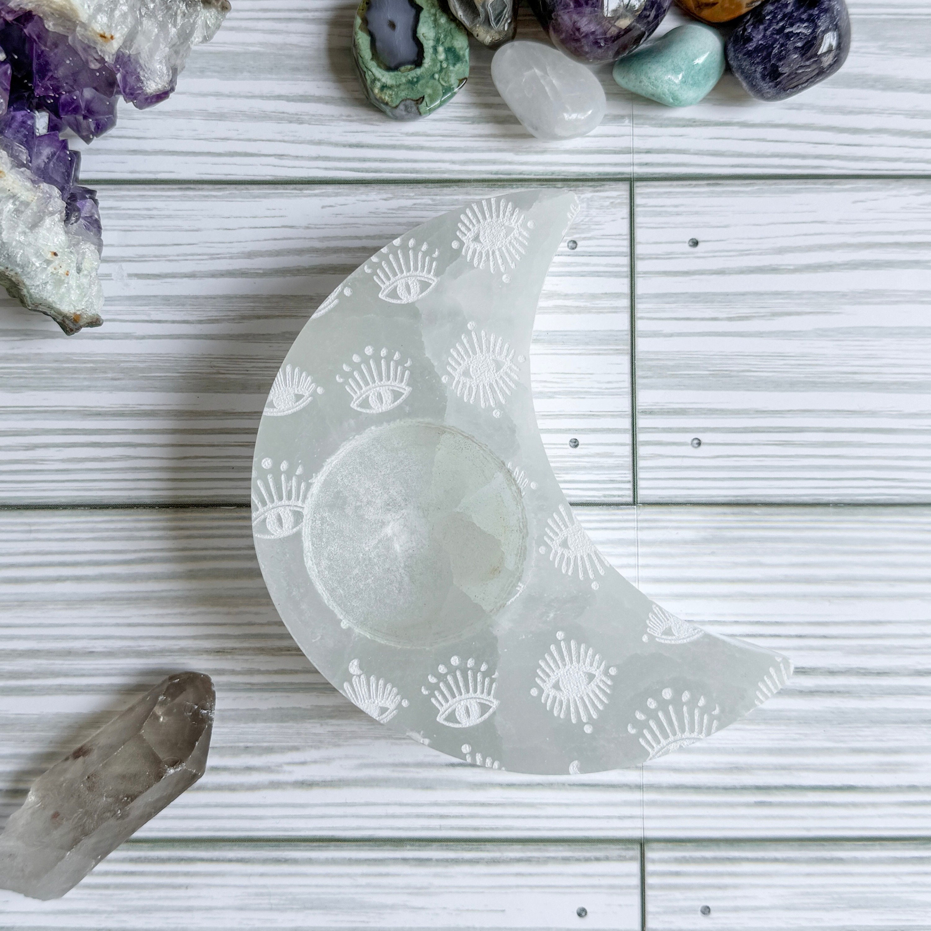 Etched Selenite Crescent Moon Tealight Holder, Celestial Boho Decor - Etsy
