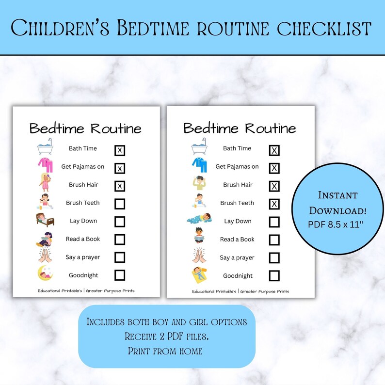 Children Bedtime Routine Checklist Printable Boy and Girl Bedtime ...