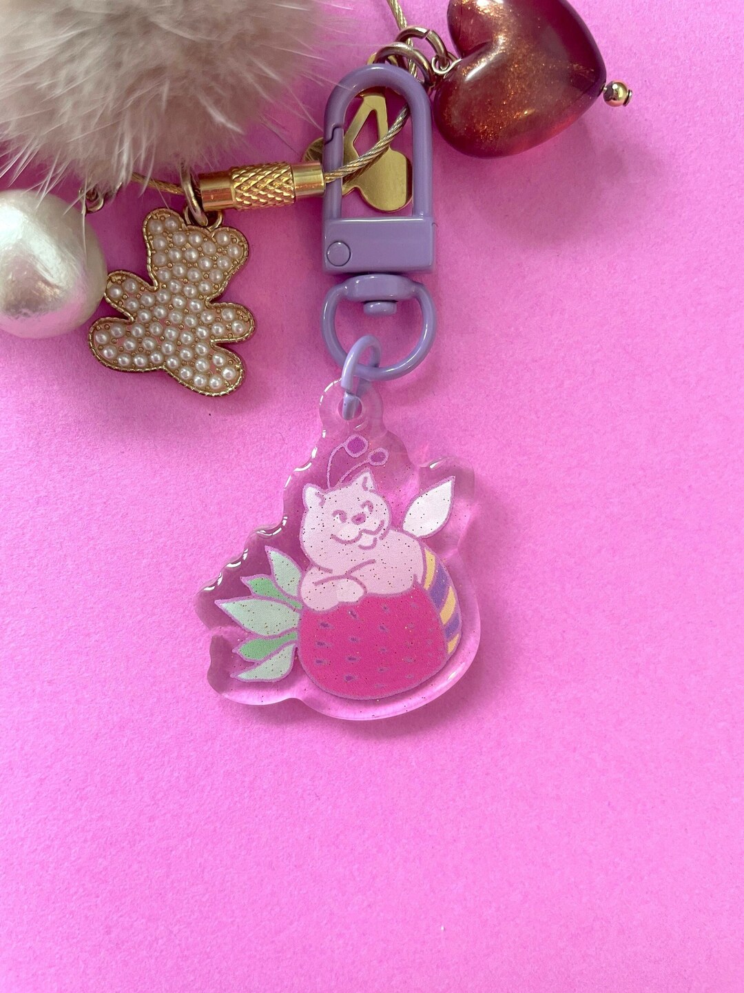 Glittery Cute Cat & Strawberry Keychain | Cute, Fun, Perfect for Cat ...