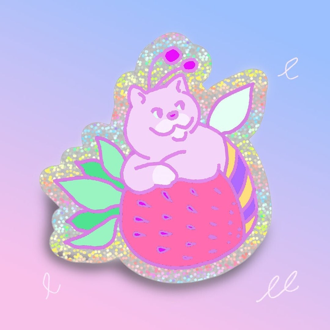 Holographic Cute Cat Bee and Strawberry Sticker | Glittery, Sparkly ...