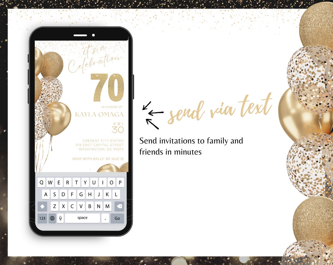 Editable 70th Birthday Invitation Gold Balloon Birthday Party Etsy