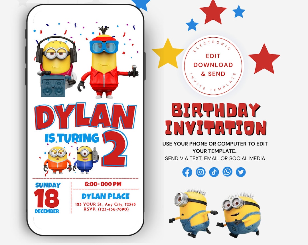 Minions Birthday Invitation Despicable Me Invites Minoin Invite ...