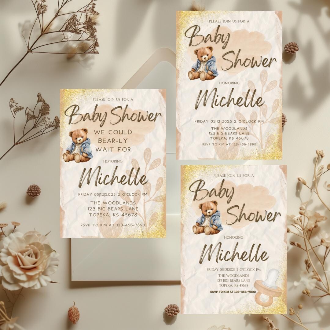 Editable Teddy Bear Baby Shower Invitation | Beige & Blue | Canva ...