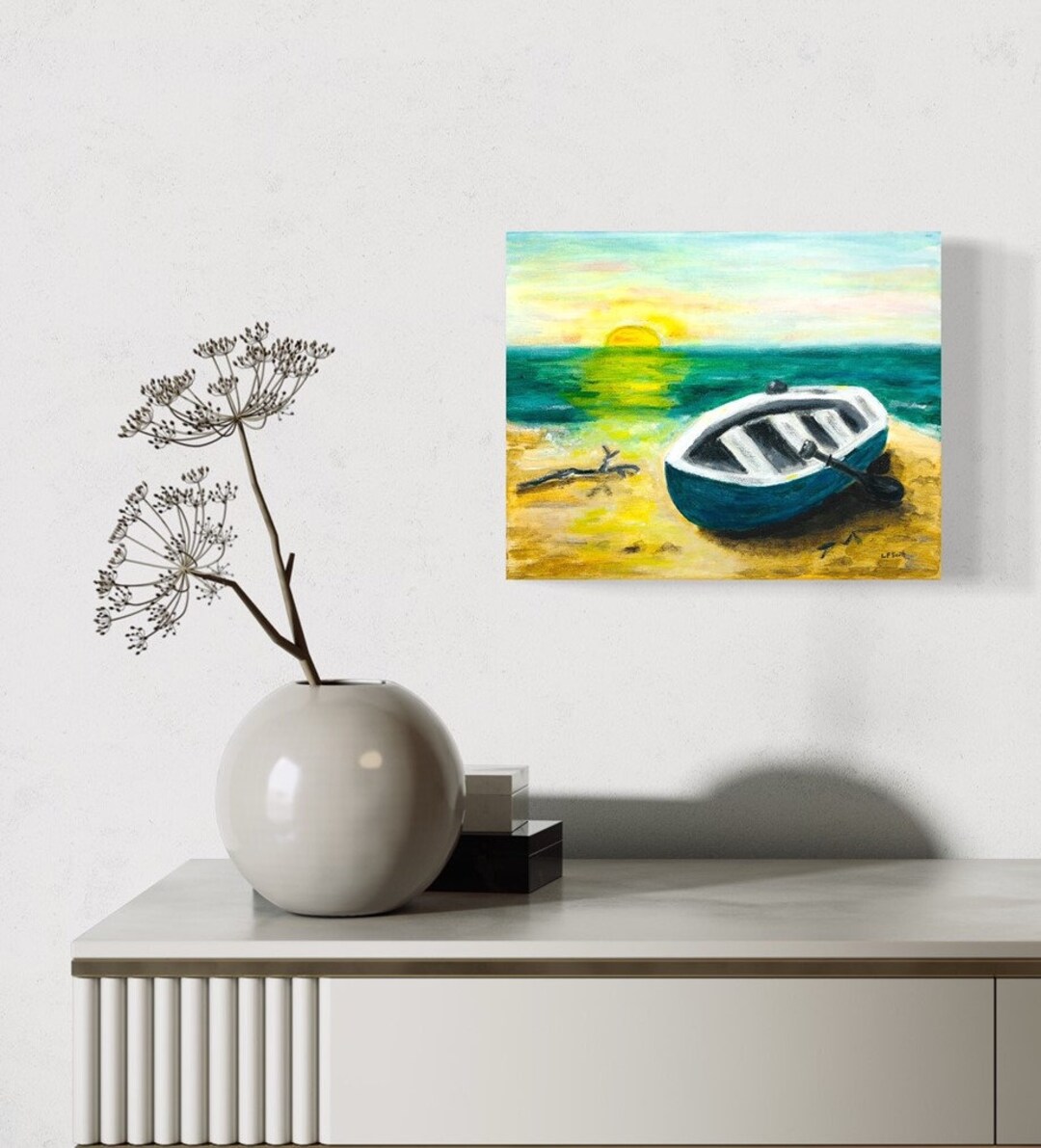 Coastal Boat Acrylic Painting, Boat on Canvas Painting, Beach Acrylic ...